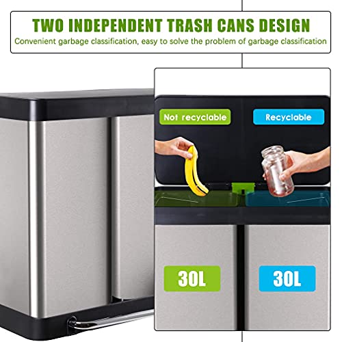Kitchen Trash Can with Lid for Office Bedroom Bathroom Step Trash Bin Fingerprint-Proof Brushed Stainless Steel Trash Can (16 Gallon/ 60L)