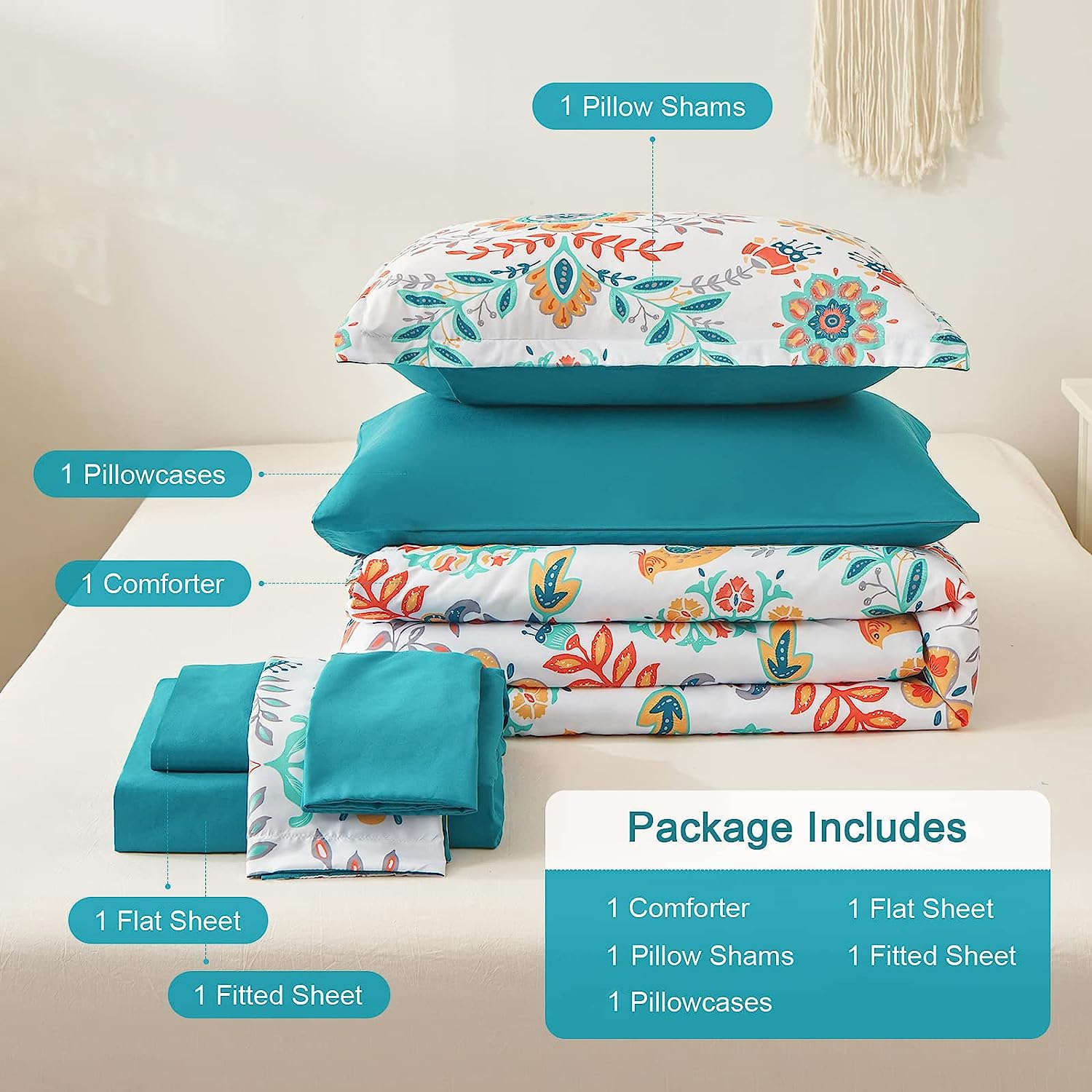 DHSFKBE Boho Comforter Set Twin - 5 Pieces Bed in a Bag Floral Medallions Design, Bohemian Comforter Set with Sheets, Soft Microfiber Complete Bedding Sets All Season (Teal Blue, Twin)