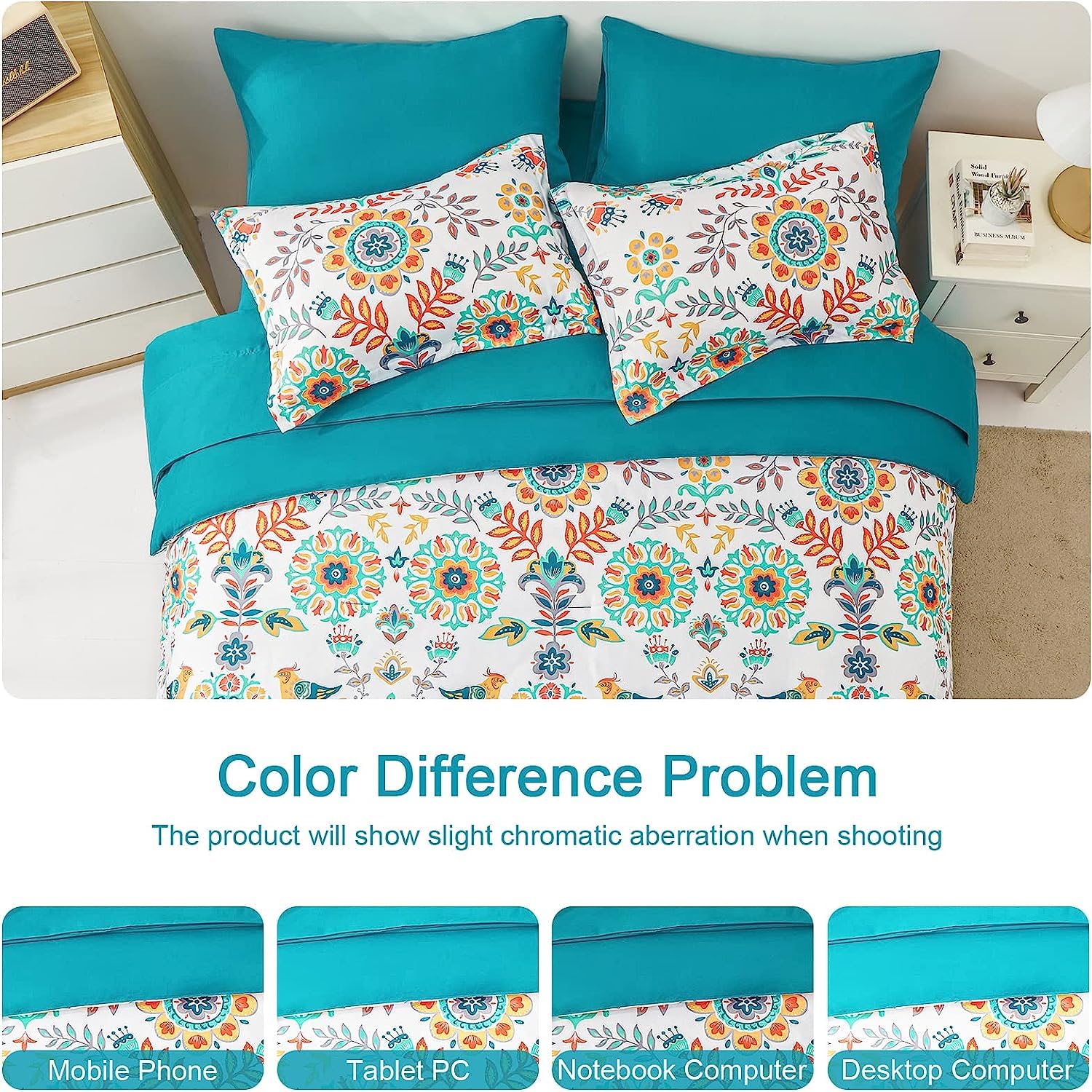 DHSFKBE Boho Comforter Set Twin - 5 Pieces Bed in a Bag Floral Medallions Design, Bohemian Comforter Set with Sheets, Soft Microfiber Complete Bedding Sets All Season (Teal Blue, Twin)