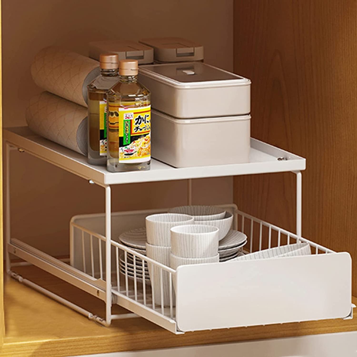 LEAYAN Under Sink Storage Storage Shelf for Bathroom Kitchen, Sliding Under Cabinet Organizer for Bathroom Kitchen Pull Out Drawer Under Cabinet Shelf Under Sink Rack Shelf, White 40.2x30x21.3cm