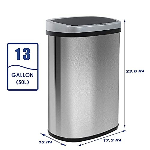 HHS 13 Gallon Kitchen Trash Can Stainless Steel Garbage Bin with Lid Automatic Touch Free High-Capacity Waste Bin Metal Soft-Close Garbage Can for Home Office Bedroom, Silver
