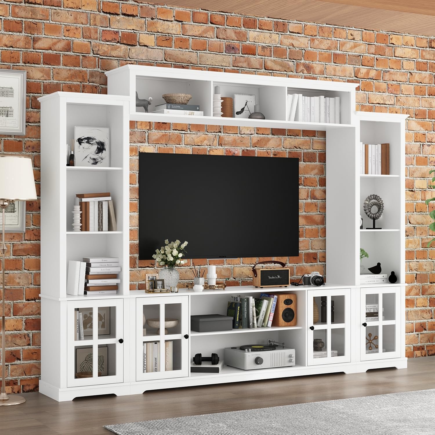 DiDuGo Large Entertainment Center with Bookshelves & Glass Doors, 66.9x43.3 inch Hutch Space for TV, Living Room Entertainment Center with Storage, White (102”W x 14.6”D x 78.2”H)