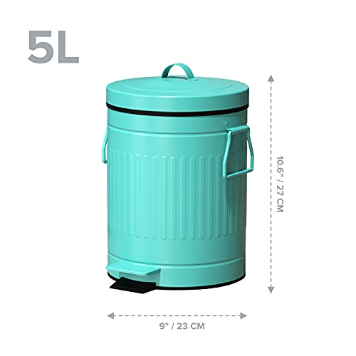 Retro Trash Can with Lid - 5L/1.3 Gal Step Trash Can w/ Soft Closing Lid - Round Garbage Can w/ Handles - Touchless Trash Can w/ Removable Garbage Guard Bucket - Outdoor Garbage Can - Large Trash Can, Teal