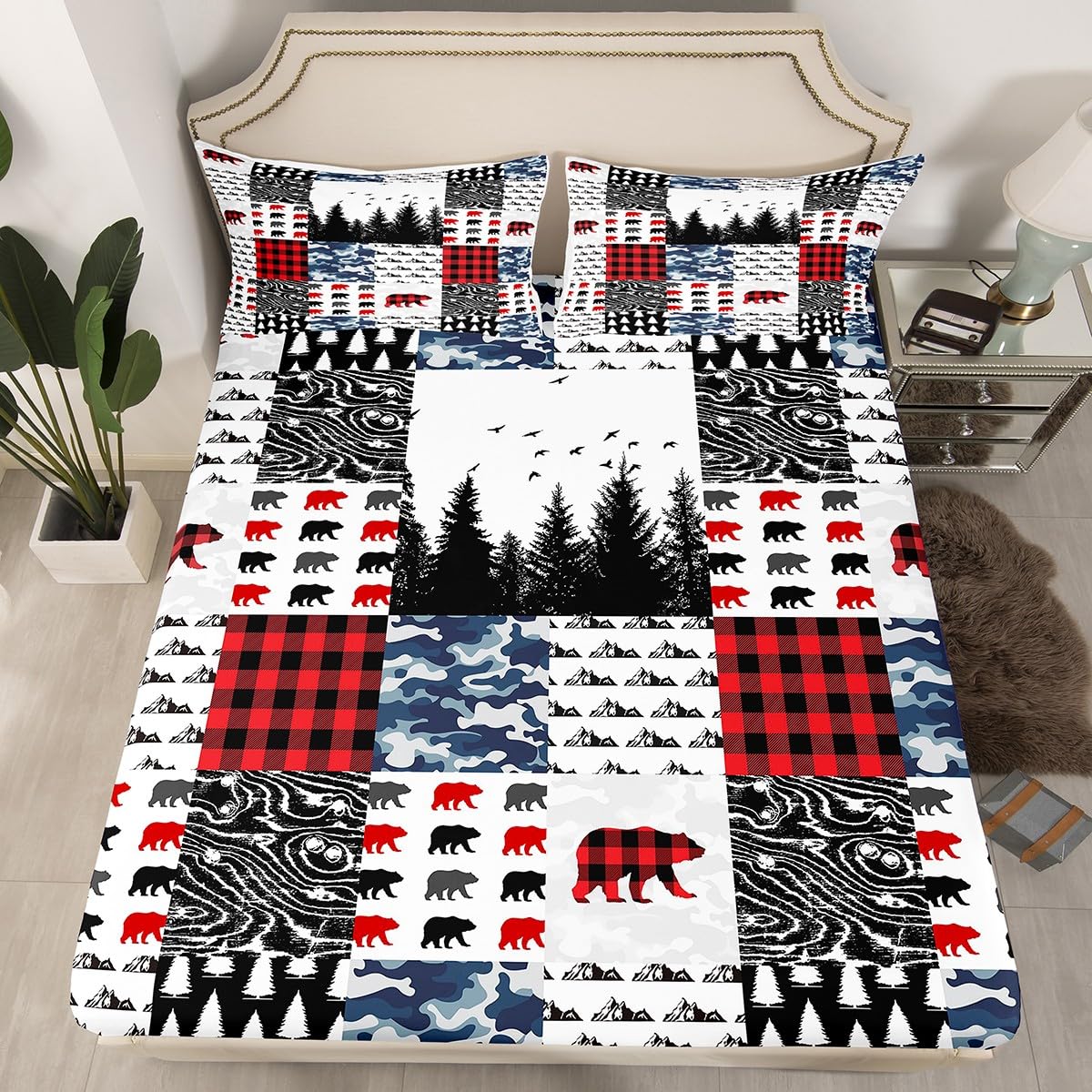 Erosebridal Bear Fitted Sheet Twin,Woodland Hunting Animals Bed Sheets for Kids Boys Girls,Buffalo Plaid Checkered Bedding Set,Camouflage Sheets,Christmas Stripes Bed Set Room Decor with Deep Pocket