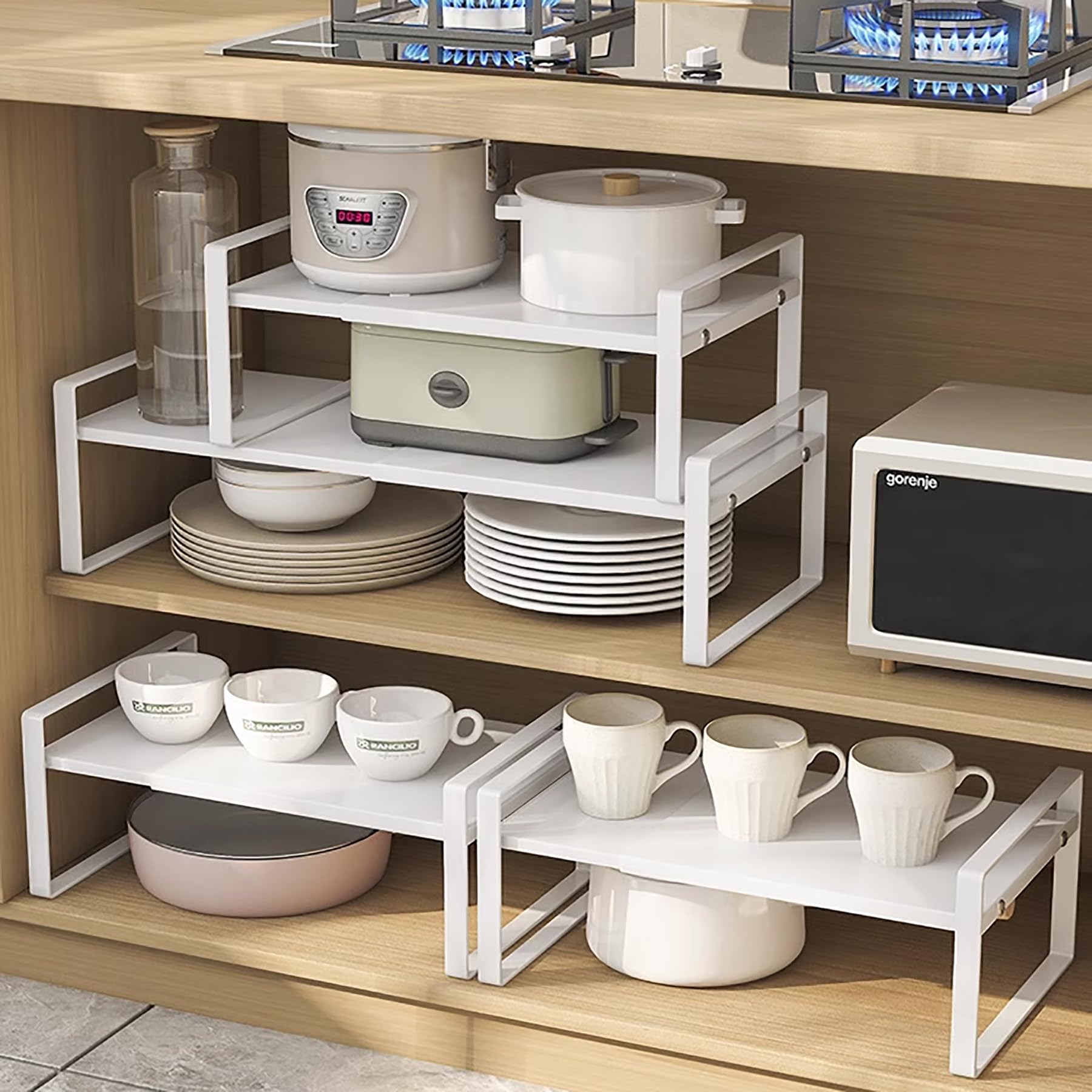 LONONE Under Cabinet Organizer Shelf Under Sink Organizer Kitchen Adjustable Under Sink Organizers and Storage Bathroom,White,Double Layer