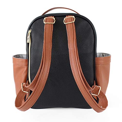 Itzy Ritzy Mini Diaper Bag – Chic Backpack with Vegan Leather Changing Pad, 8 Total Pockets (4 Internal and 4 External), Grab-Top Handle and Rubber Feet, Coffee & Cream