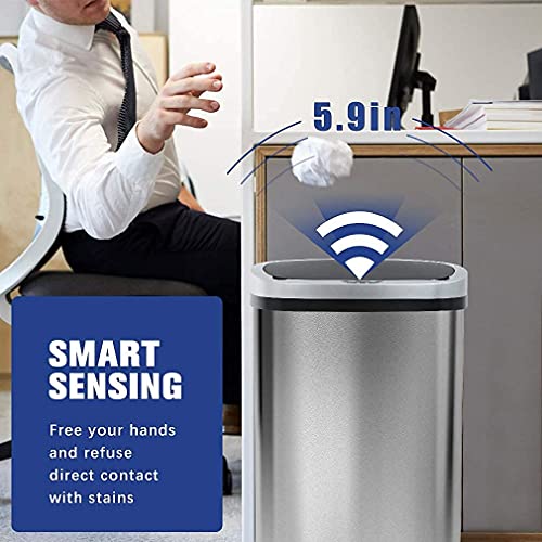 HHS 13 Gallon Kitchen Trash Can Stainless Steel Garbage Bin with Lid Automatic Touch Free High-Capacity Waste Bin Metal Soft-Close Garbage Can for Home Office Bedroom, Silver