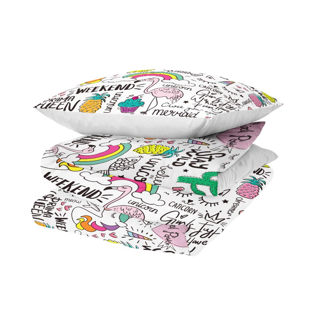 SHINICHISTAR Unicorn Comforter Set for Kids Teens Girls 3 Pieces Cartoon Drawing Bedding Sets Twin Size