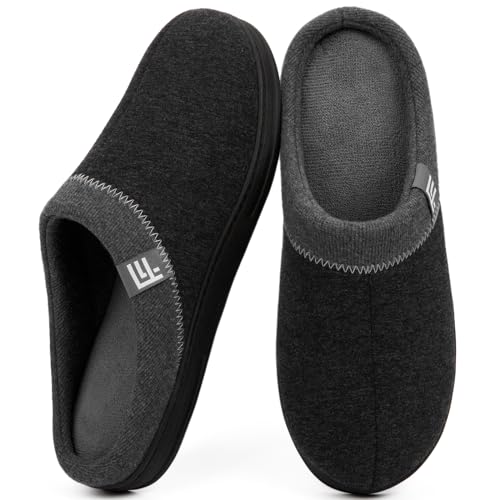 FamilyFairy Men's Memory Foam House Slippers Warm Slip-On Bedroom Shoes Black,XL