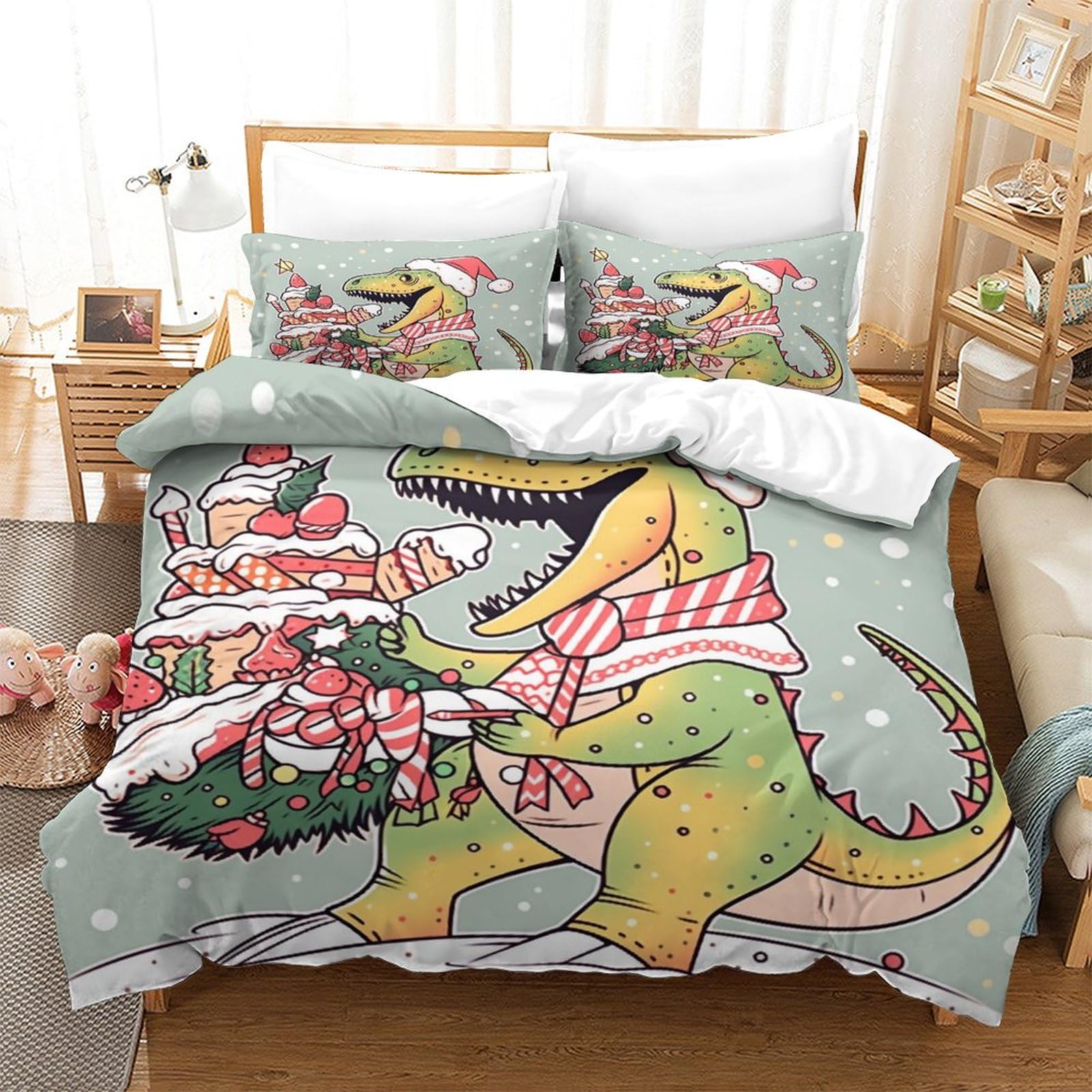 LENTLY Cartoon Dinosaur 3D Print Bedding Set Soft Microfiber Quilt Covers 3 Pieces Christmas Theme Comforter Cover with Pillowcase for Childrens and Adults Duvet Cover Twin(173x218cm)