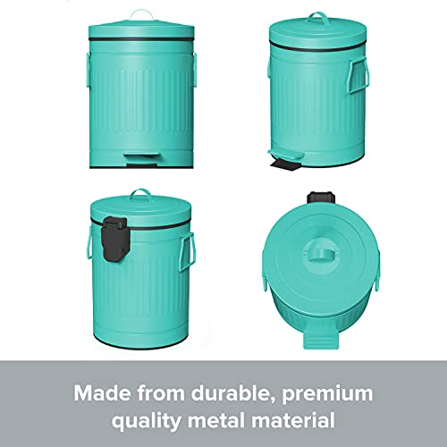 Retro Trash Can with Lid - 12L/3.2 Gal Step Trash Can w/ Soft Closing Lid - Round Garbage Can w/ Handles - Touchless Trash Can w/ Removable Garbage Guard Bucket - Outdoor Garbage Bin - Large Trash Can, Teal