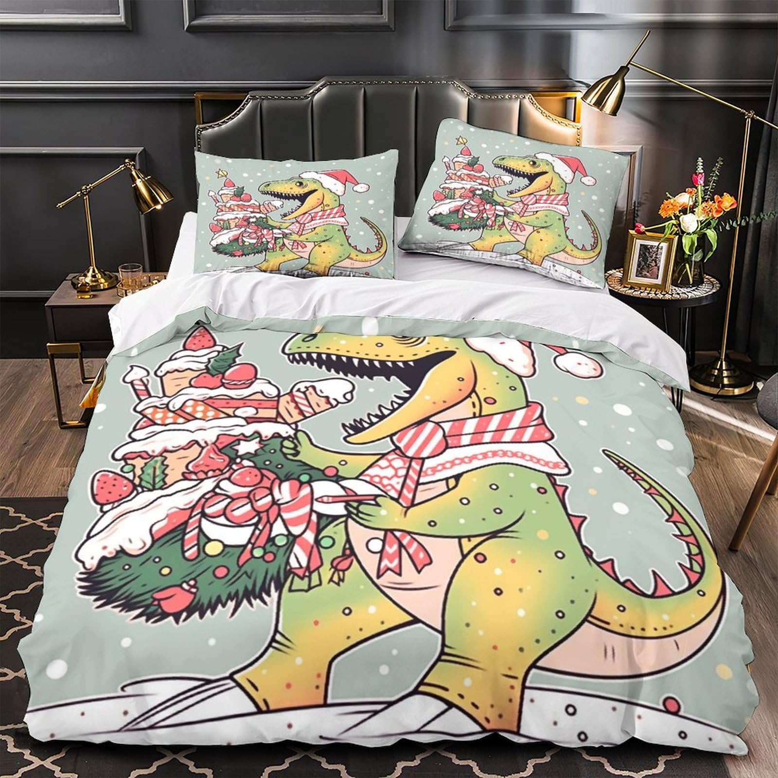 LENTLY Cartoon Dinosaur 3D Print Bedding Set Soft Microfiber Quilt Covers 3 Pieces Christmas Theme Comforter Cover with Pillowcase for Childrens and Adults Duvet Cover Twin(173x218cm)