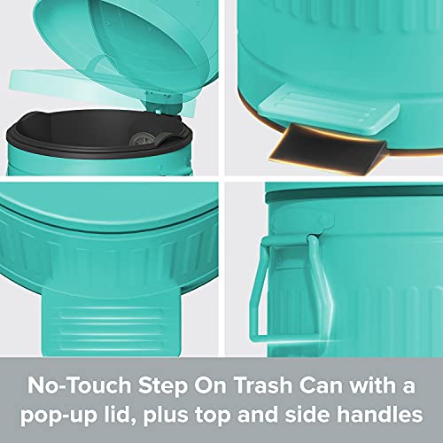 Retro Trash Can with Lid - 12L/3.2 Gal Step Trash Can w/ Soft Closing Lid - Round Garbage Can w/ Handles - Touchless Trash Can w/ Removable Garbage Guard Bucket - Outdoor Garbage Bin - Large Trash Can, Teal