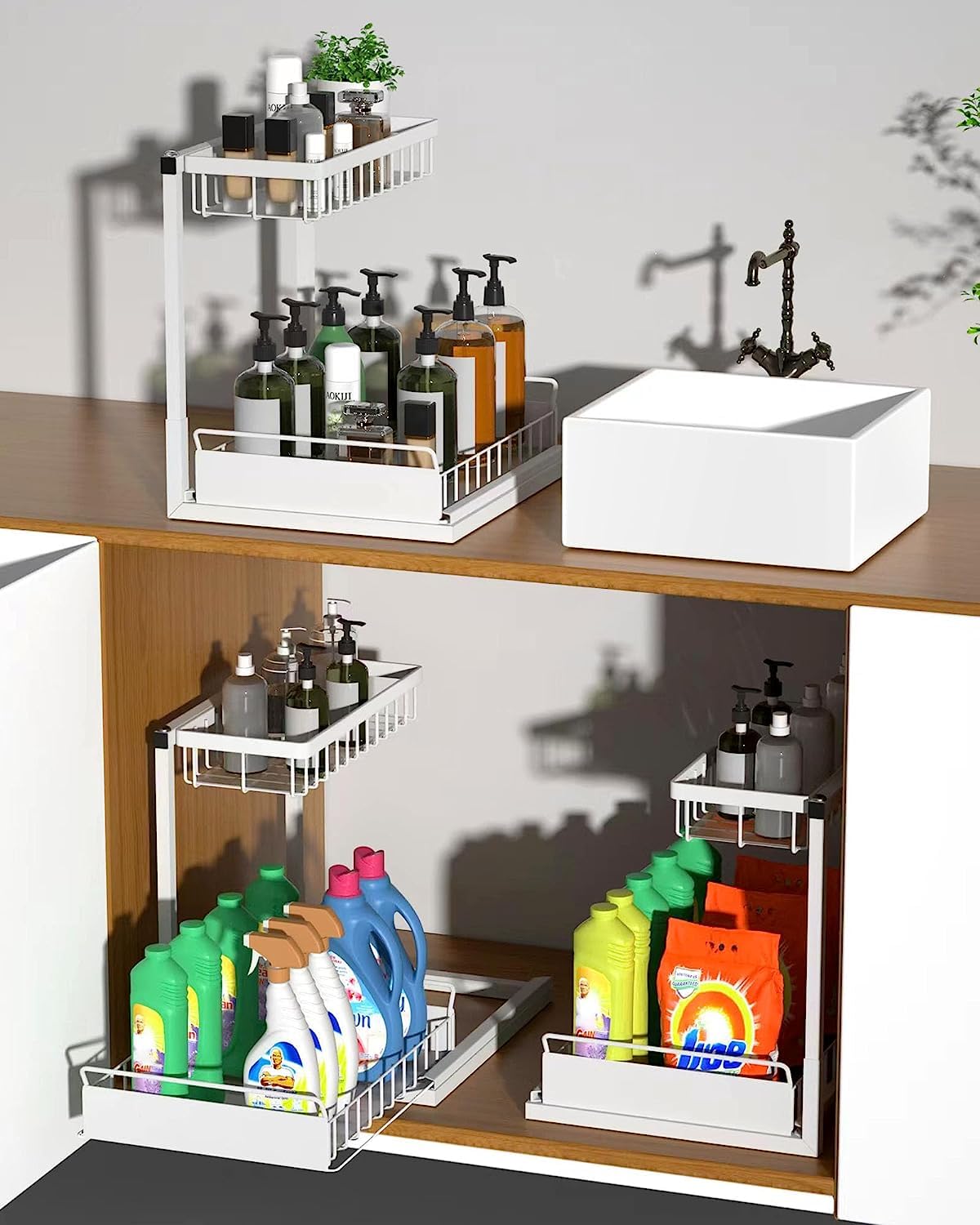 Under Sink Organizer,Metal Pull Out Kitchen Cabinet Organizer with Sliding Drawer,Sturdy Multi-Functional for Bathroom Organization,White