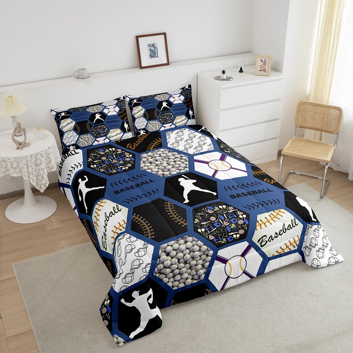 Erosebridal Baseball Bed Set for Boys,Baseball Player Comforter for Kids,Geometric Honeycomb Bedding Set Twin Size,Sports Ball Game Patchwork Quilt Set with 1 Pillowcase Lightweight