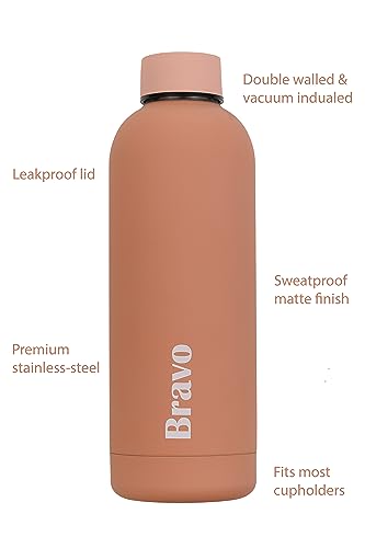 BRAVO Stainless steel Water bottle: Stay Hydrated in Style and Sustainability. Double Wall Vacuum Insulated Thermos, Leakproof, Matte Coated, 17 Ounces, (Pink)