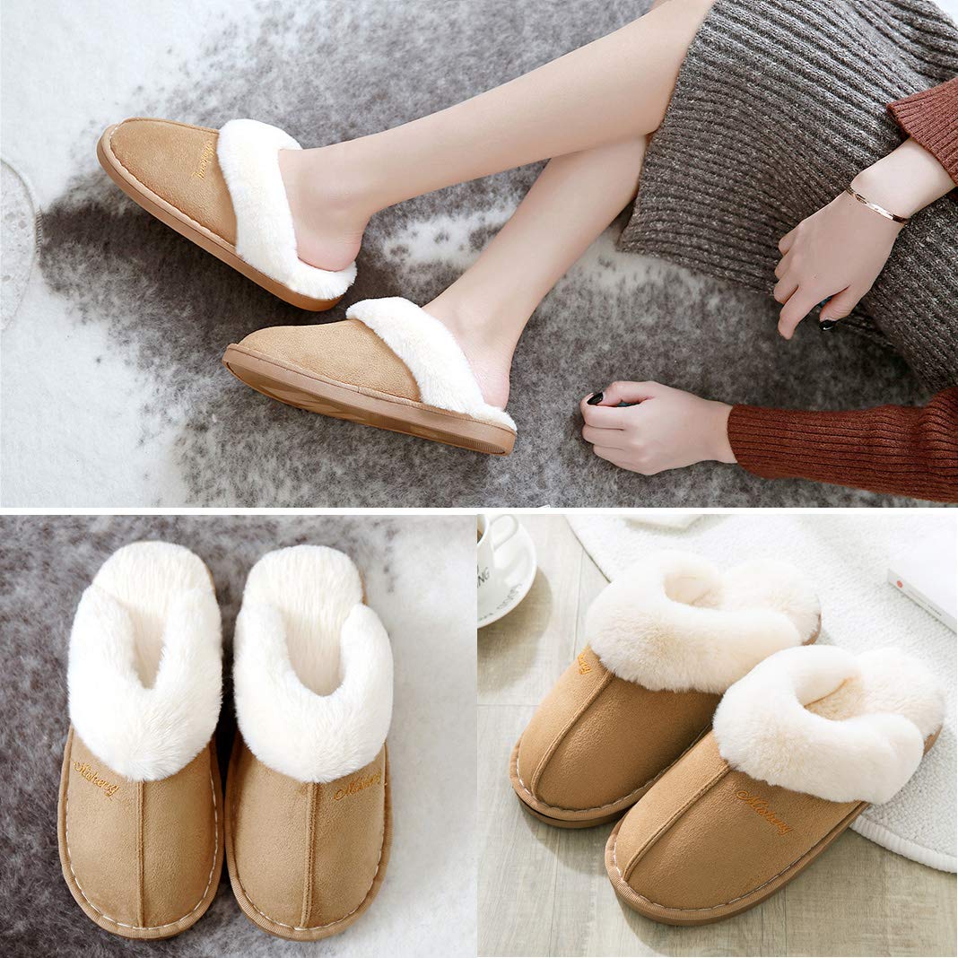 SUSHAN Womens Slippers Soft Plush Warm House Shoes Anti-Slip Fluffy Indoor/Outdoor Slippers Tan 8.5-9