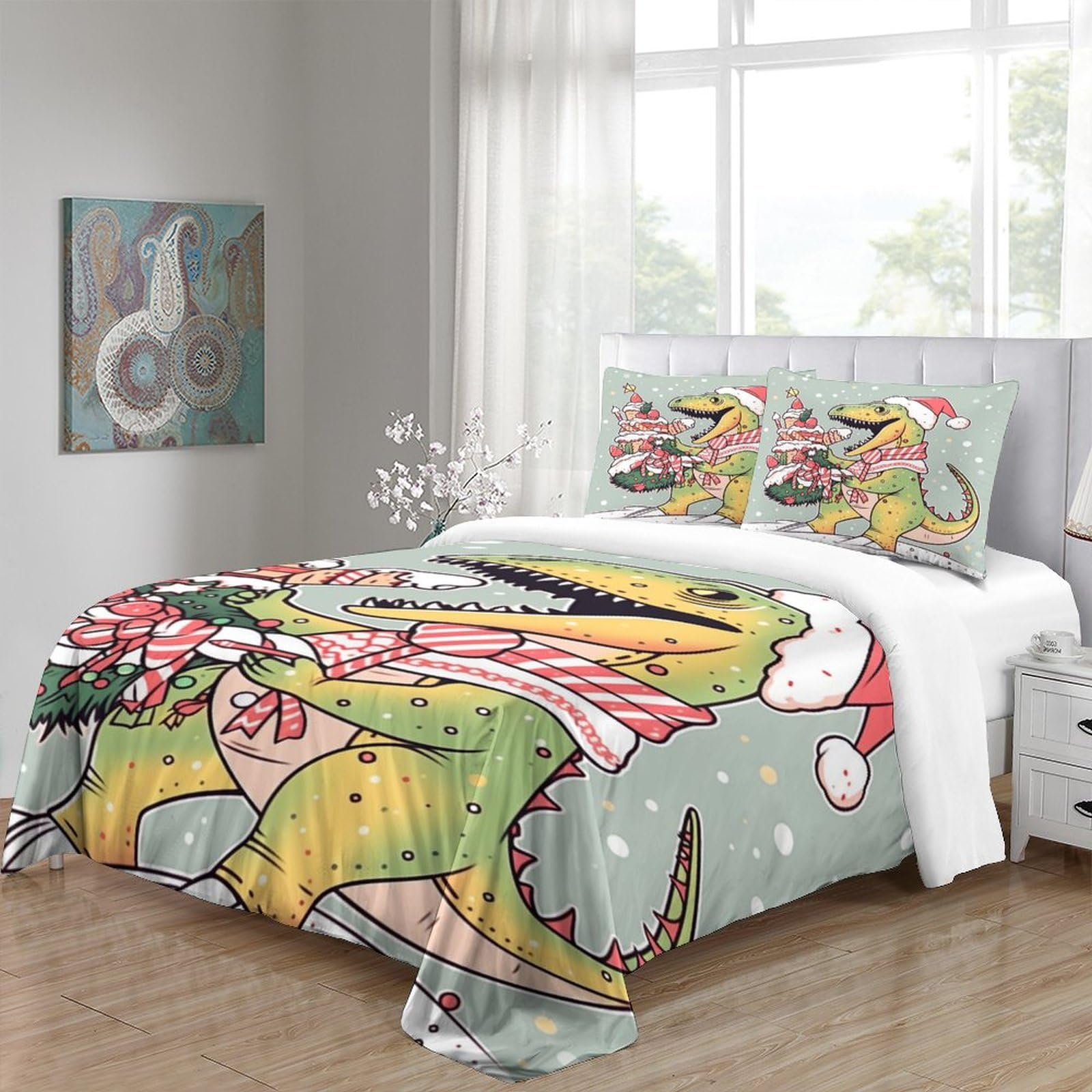 LENTLY Cartoon Dinosaur 3D Print Bedding Set Soft Microfiber Quilt Covers 3 Pieces Christmas Theme Comforter Cover with Pillowcase for Childrens and Adults Duvet Cover Twin(173x218cm)