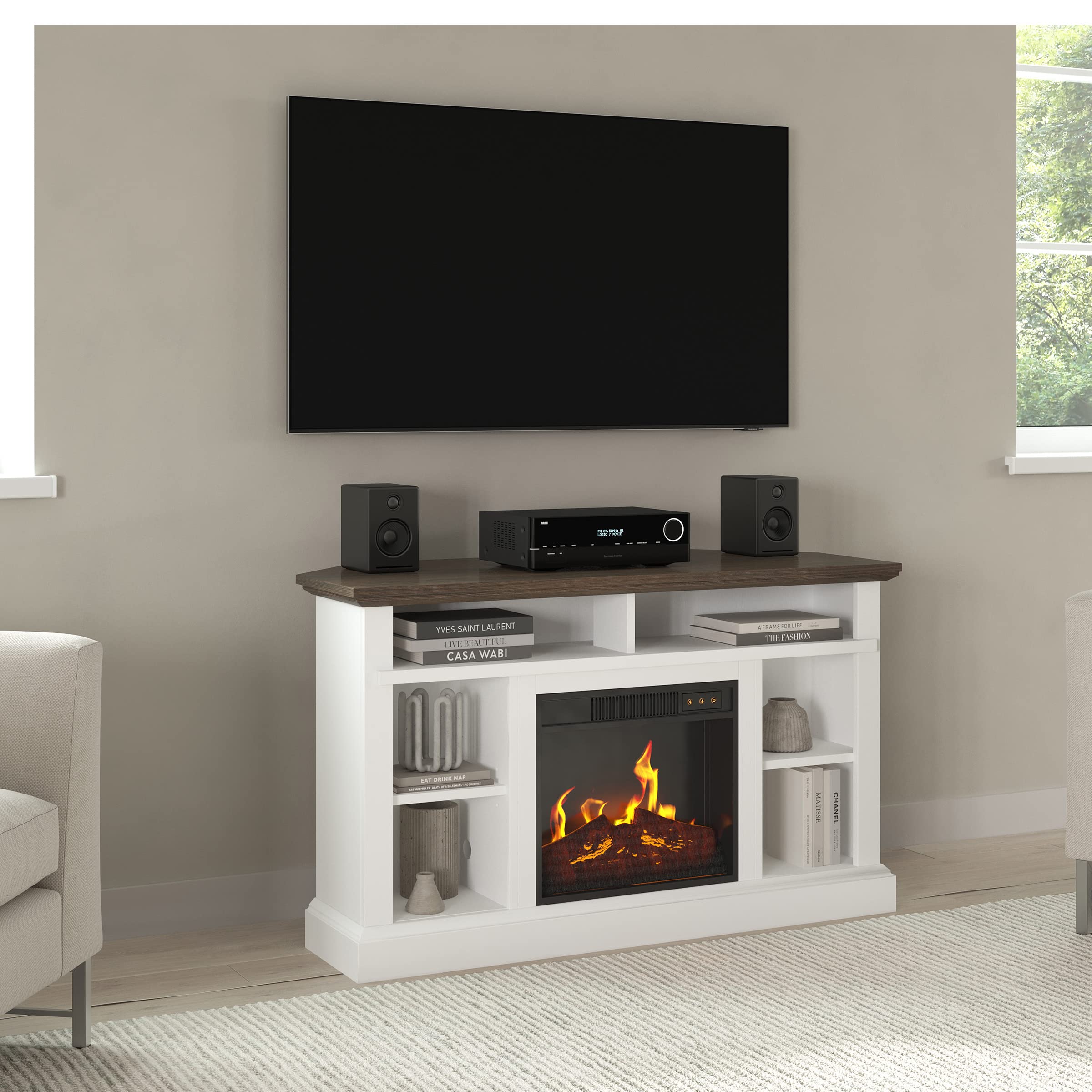 NORTHWEST Corner TV Stand with Electric Fireplace Fits 55-Inch TVs - Console with Storage Cabinet, Remote, Adjustable Heat, and LED Flames (White)
