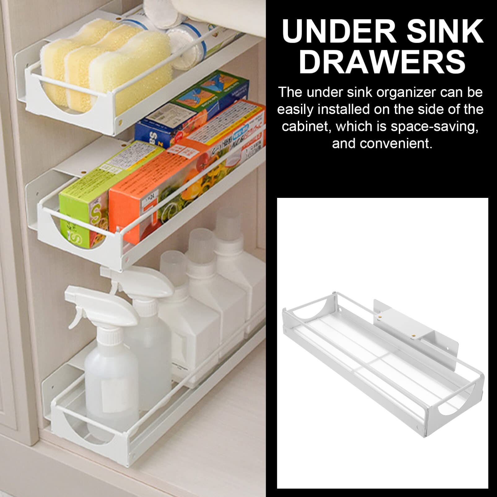 Hemoton drawer rack Under Sink Cabinet Organizer sliding kitchen storage undershelf storage basket Pull Out Shelf Drawer Basket vanity drawer Partition white dressing table carbon steel