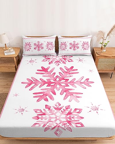 Twin XL Bed Fitted Sheets,Christmas Pink Watercolor Snowflake Soft Bottom Sheet Bedding Sets with Pillow Cases for Mattress Decor,Extra Deep Pocket Fit 5 to 16 Inch,Snow Texture on White