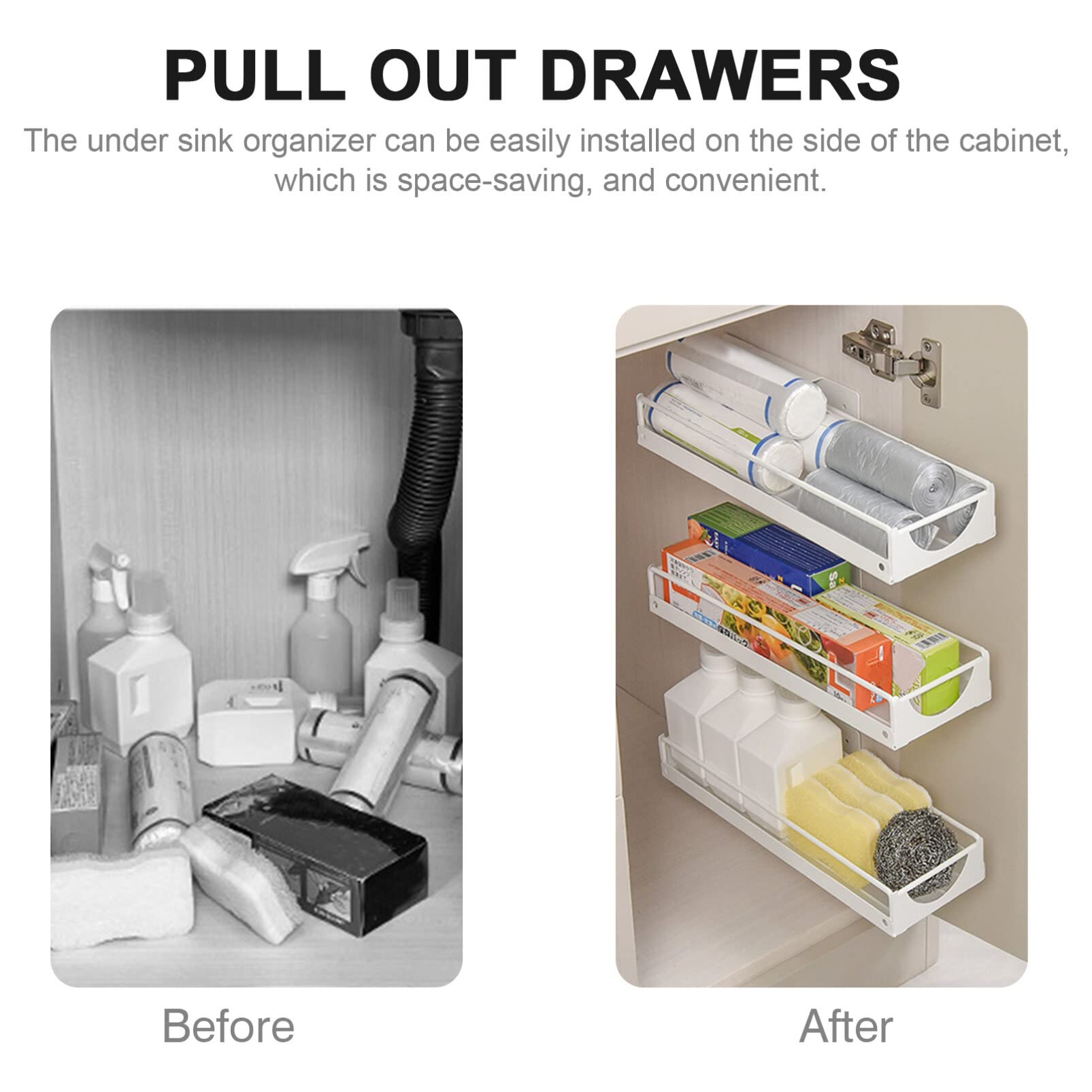 Hemoton drawer rack Under Sink Cabinet Organizer sliding kitchen storage undershelf storage basket Pull Out Shelf Drawer Basket vanity drawer Partition white dressing table carbon steel