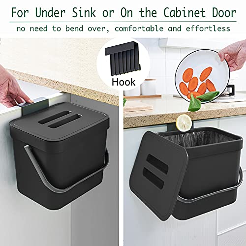 Kitchen Trash Can with Lid, LALASTAR Wall-Mounted Under Sink Small Garbage Can for Kitchen, Bathroom, Compost Bin Countertop, Cabinet Trash Can Hanging, 1.8 Gallon, (Black, 7L)