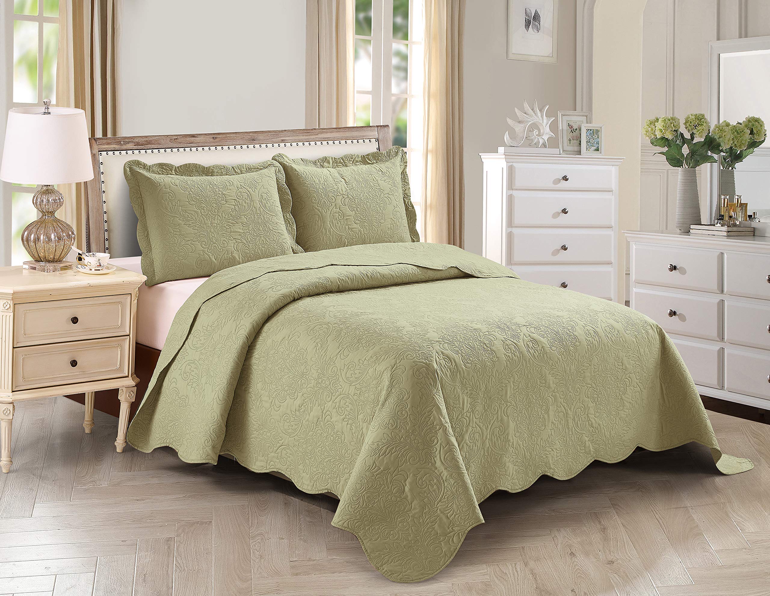 Home Collection, Over Size, Elegant Vintage Floral Pattern Embossed, Light Weight, Scalloped Edges, Bedspread Set, Solid, #Stacy, 2 Pieces, Twin, Sage Green