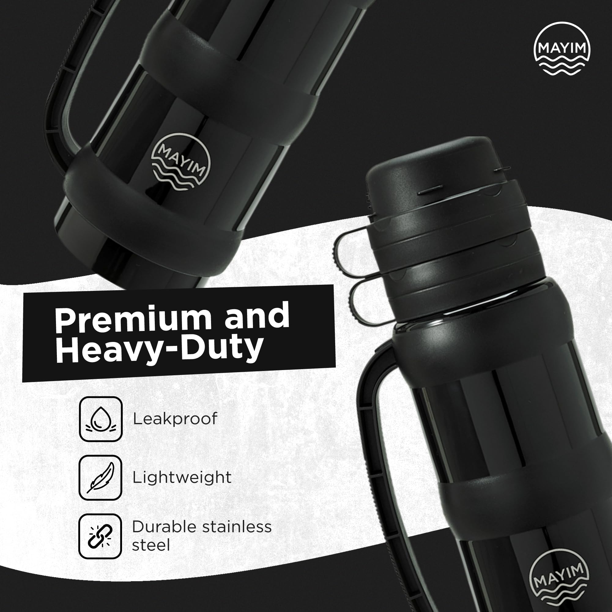 Mayim King Stainless-Steel Vacuum-Insulated Thermos Beverage Bottle with 2 Cups, 34 Ounces, Black, H14039WB
