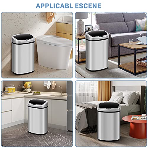 Trash Can, 13 Gallon Touch-Free Motion Sensor Stainless-Steel Garbage Can Metal Trash Bin with Lid for Kitchen Living Room Office, Electronic Touchless Automatic Closure & Opening, Silver