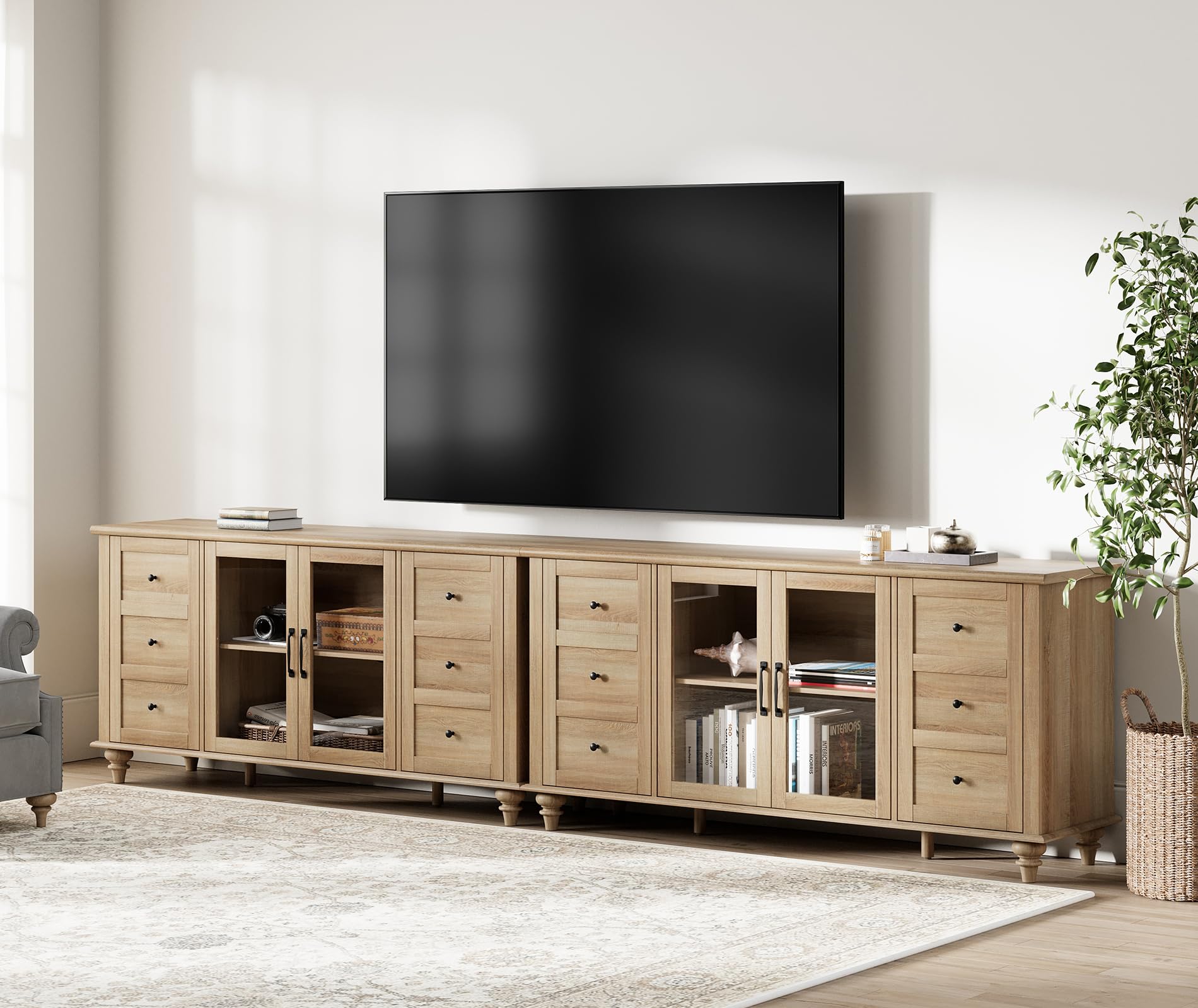WAMPAT 116'' Farmhouse TV Stand for TVs Up to 110 inch,Glass and Wood Universal TV Stand with Storage Cabinets,White Entertainment Center for 32-110 inch TV Console Table,Oak