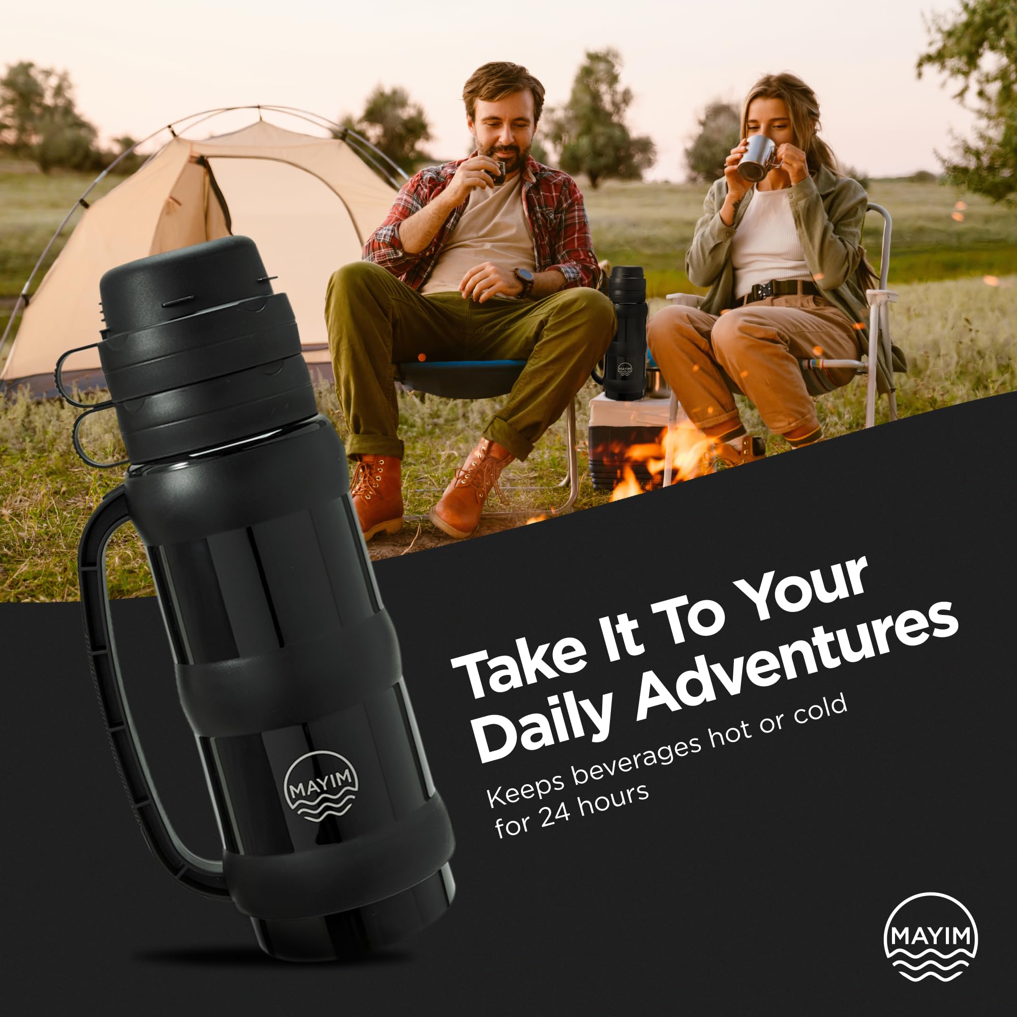 Mayim King Stainless-Steel Vacuum-Insulated Thermos Beverage Bottle with 2 Cups, 34 Ounces, Black, H14039WB