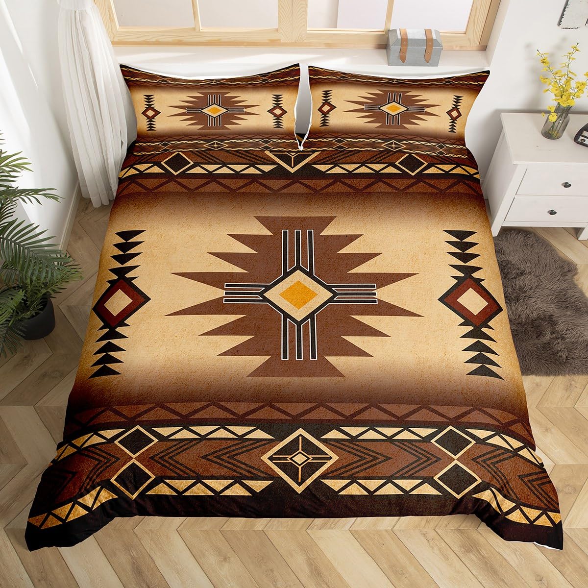 Southwest Duvet Cover Set Twin Size,Geometric Aztec Tribal Pattern Bedding Set Vintage Striped Western Comforter Cover for Kids Girls Boys Adult Room Decor,Rustic Brown Quilt Cover,1 Pillowcase