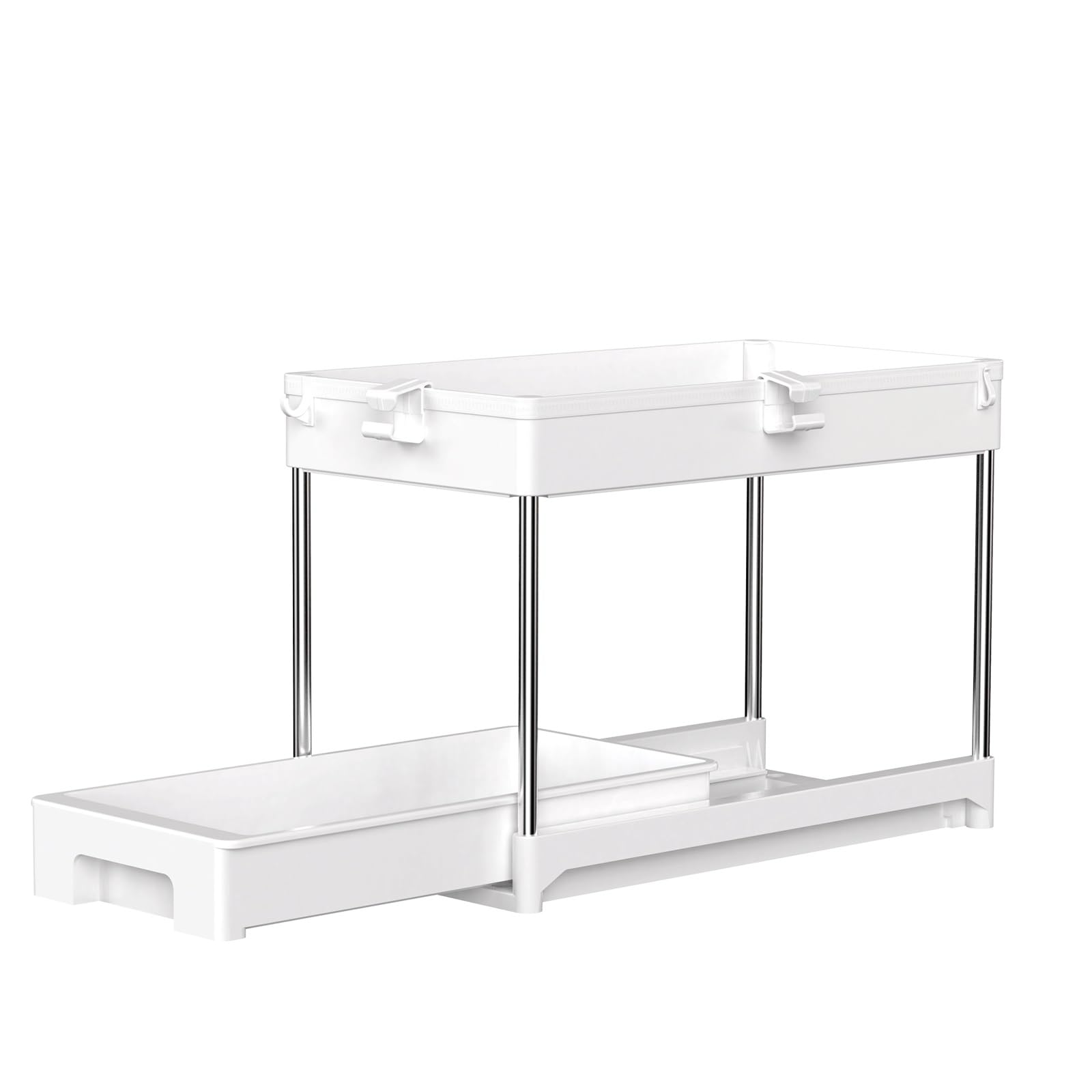 RIAAJ Kitchen Sink Shelf Pull Out Under Sink Organiser and Storage 2-Tier Sliding Cabinet Basket Organizer Drawers Bathroom Cabinet Organiser with Hooks for Desktop Kitchen Sink Organizer, White