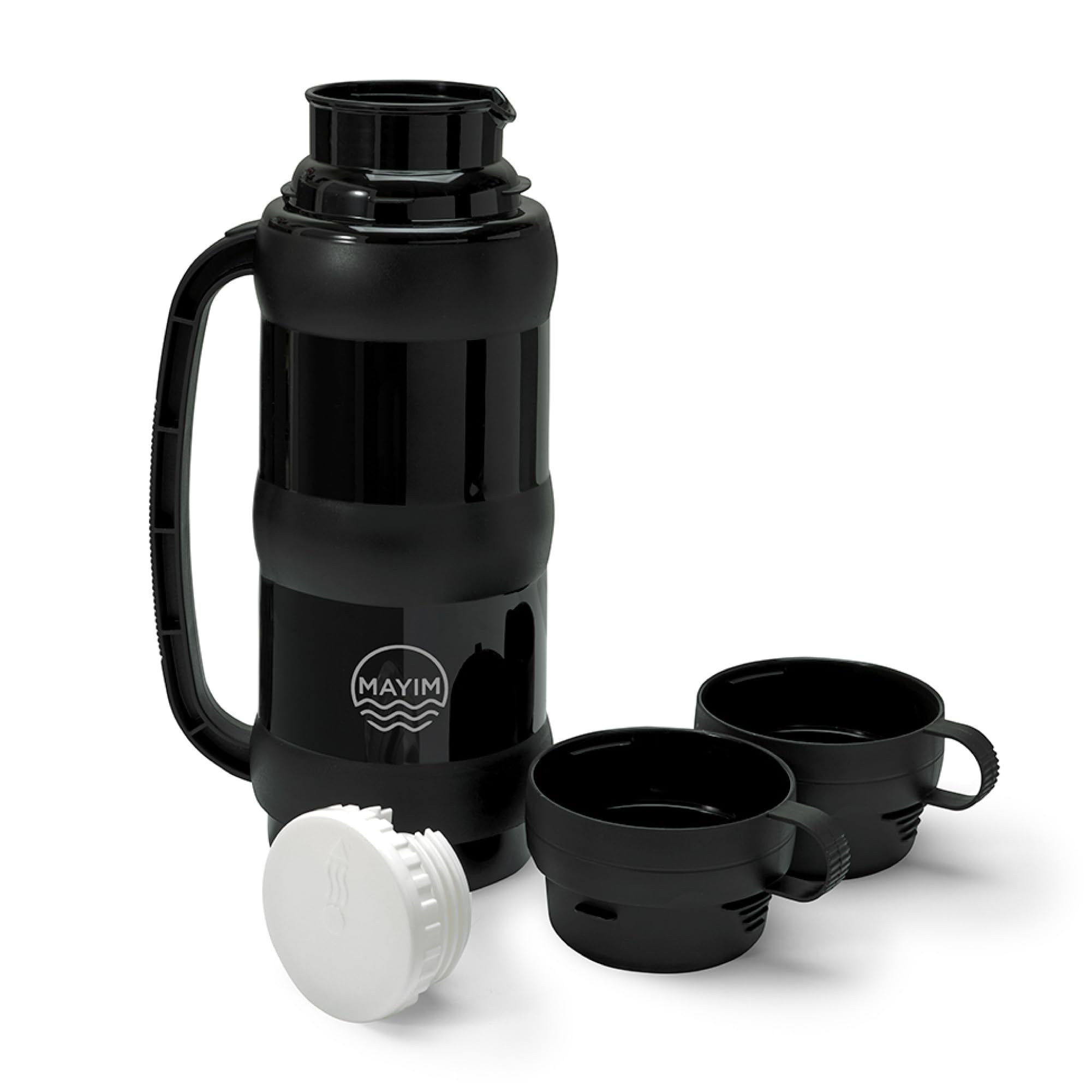 Mayim King Stainless-Steel Vacuum-Insulated Thermos Beverage Bottle with 2 Cups, 34 Ounces, Black, H14039WB