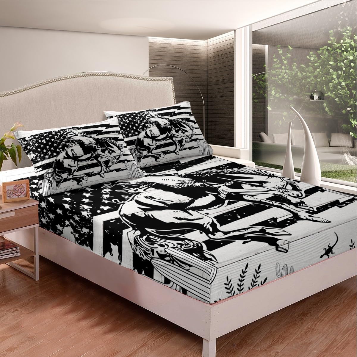 Cowboy Bedding Set Twin Size American Flag Bed Set for Girls Teens Bedroom Decor Kids Horses Pattern Fitted Sheet Soft Microfiber Black White Bed Cover(1 Fitted Sheet+1 Pillow Case)