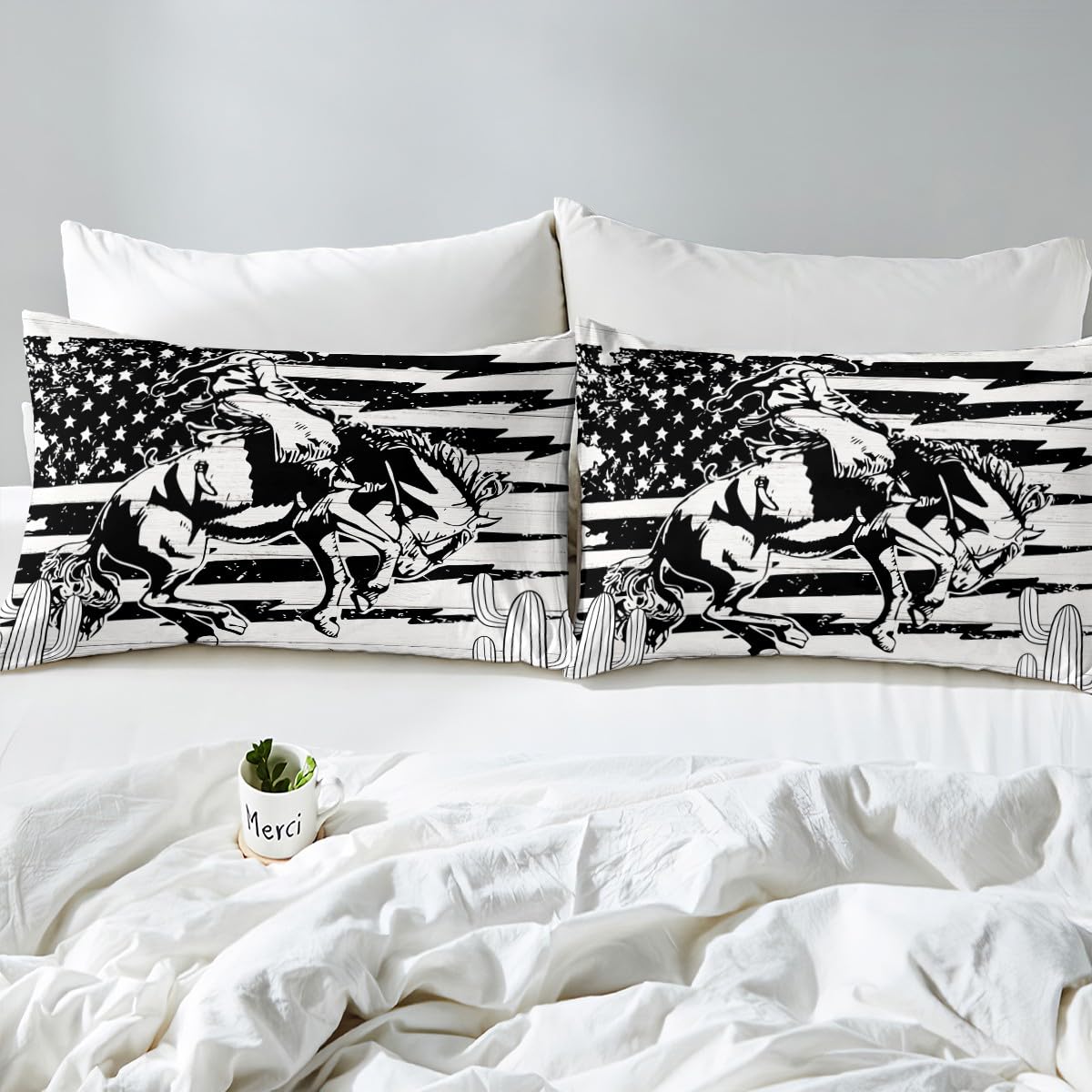 Cowboy Bedding Set Twin Size American Flag Bed Set for Girls Teens Bedroom Decor Kids Horses Pattern Fitted Sheet Soft Microfiber Black White Bed Cover(1 Fitted Sheet+1 Pillow Case)