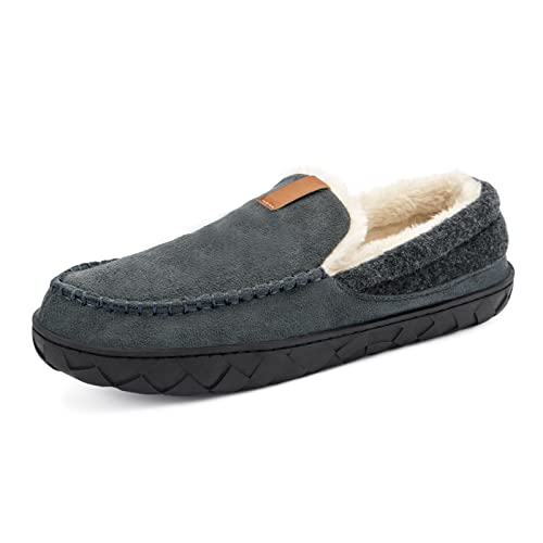 Teezerber Mens Moccasin Slippers Memory Foam Suede House Slippers for Men with Soft Fleece Lining Anti-Skid Sole Indoor Outdoor House Shoes Dark Grey Size 10.5