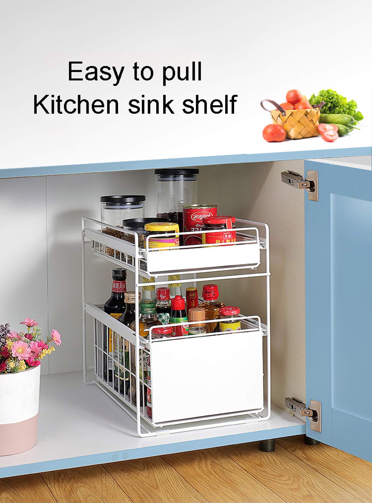 LEAYAN Under Sink Storage 2 Tier Drawer Organizer, Under Sink Storage Rack with Sliding Basket Drawer, Pull Out Drawers Under Sink, for Kitchen Bathroom Under Sink Rack Shelf, White 40 * 28 * 40cm