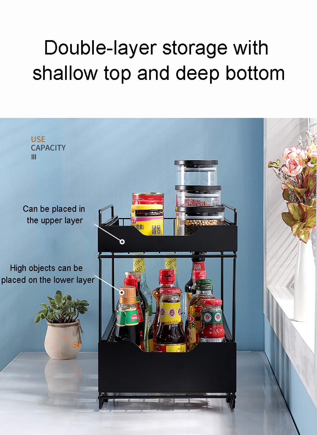 LEAYAN Under Sink Storage 2 Tier Drawer Organizer, Under Sink Storage Rack with Sliding Basket Drawer, Pull Out Drawers Under Sink, for Kitchen Bathroom Under Sink Rack Shelf, White 40 * 28 * 40cm