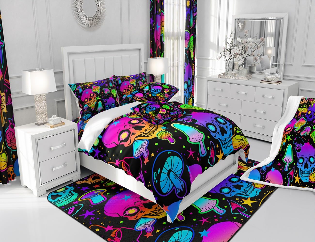 Feelyou Halloween Bedding Set Kids Sugar Skull Comforter Set Mushroom Comforter for Room Decor Lightweight Fluorescent Style Duvet Set with 1 Pillow Case