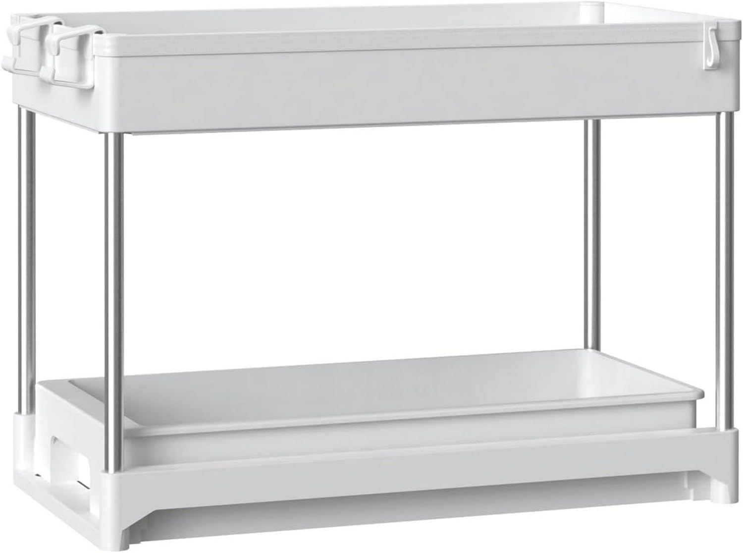 RIAAJ Kitchen Sink Shelf Pull Out Under Sink Organiser and Storage 2-Tier Sliding Cabinet Basket Organizer Drawers Bathroom Cabinet Organiser with Hooks for Desktop Kitchen Sink Organizer, White