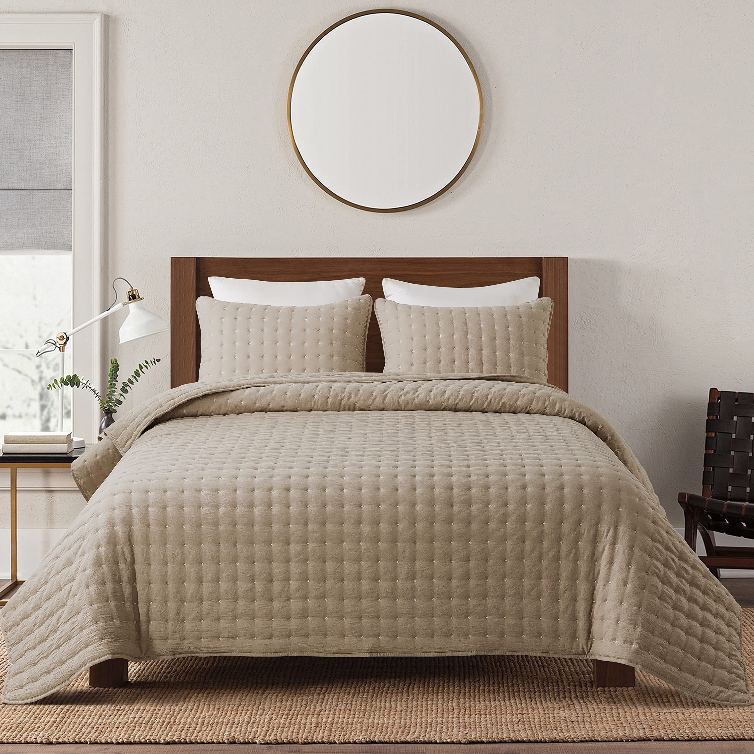 WDCOZY Beige Twin Size Quilt Bedding Sets with Pillow Sham, Tan Cream Lightweight Bedspread Coverlet, Quilted Blanket Thin Comforter Bed Cover, All Season Summer Spring, 2 Pieces, 68x90 inches