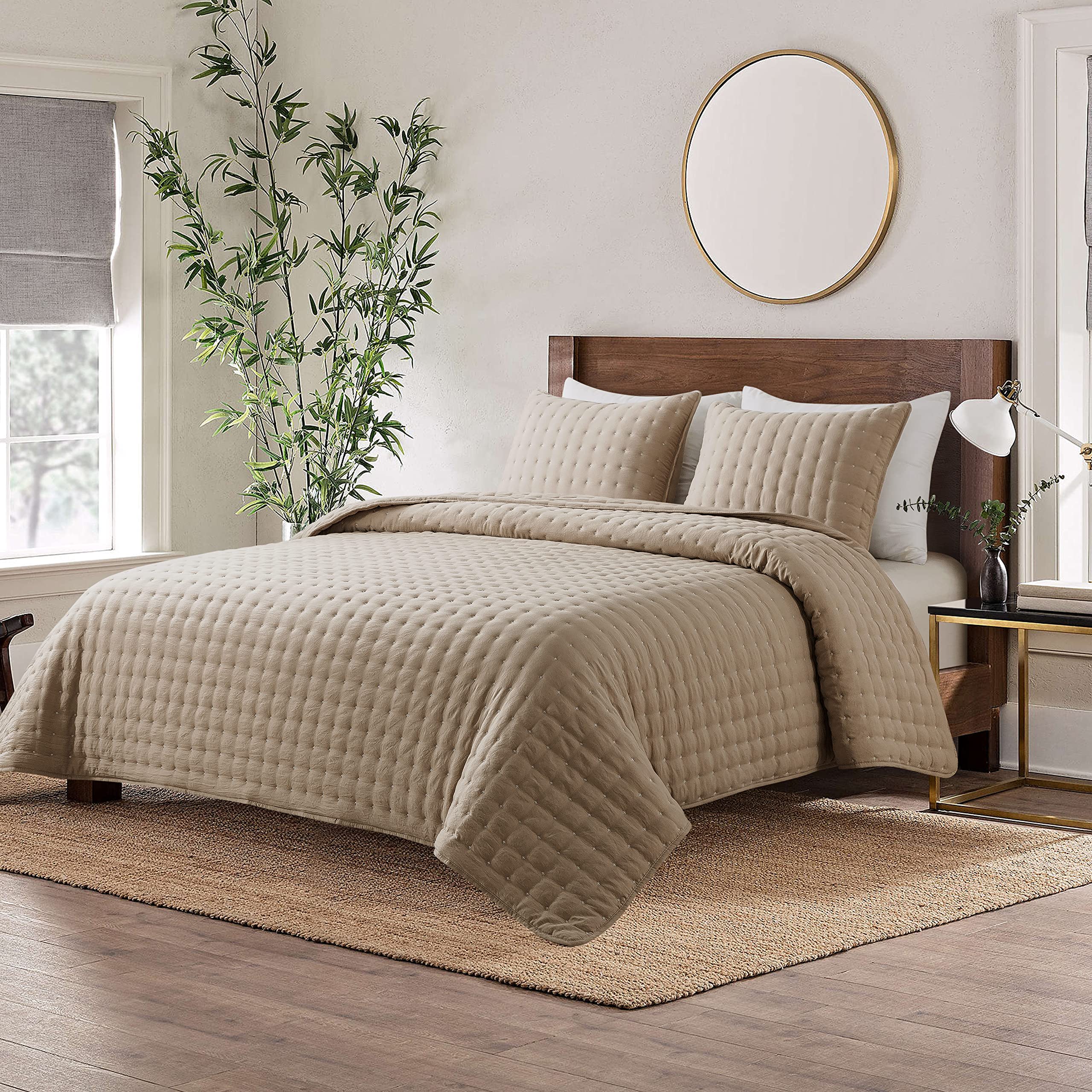WDCOZY Beige Twin Size Quilt Bedding Sets with Pillow Sham, Tan Cream Lightweight Bedspread Coverlet, Quilted Blanket Thin Comforter Bed Cover, All Season Summer Spring, 2 Pieces, 68x90 inches