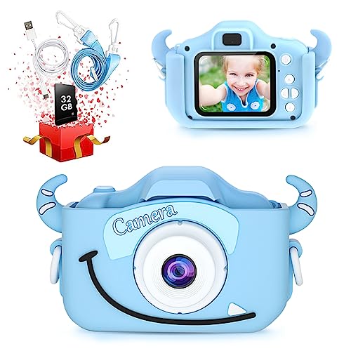 Kids Camera Toys for 3-12 Years Old Boys Girls,Selfie HD Digital Video Cameras for Kids with Protective Silicone Cover, 32GB SD Card,Toddler Digital Camera (Blue)