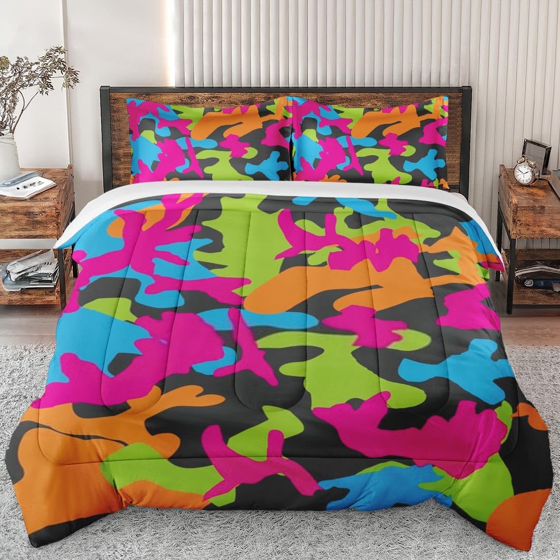 Pinbeam Comforter Set Twin Size, Camouflage Neon Camo Vintage Soft Bedding Set for Kids and Adults Bedroom Bed Decor, Retro Green Colorful Comforter Set with Pillowcase