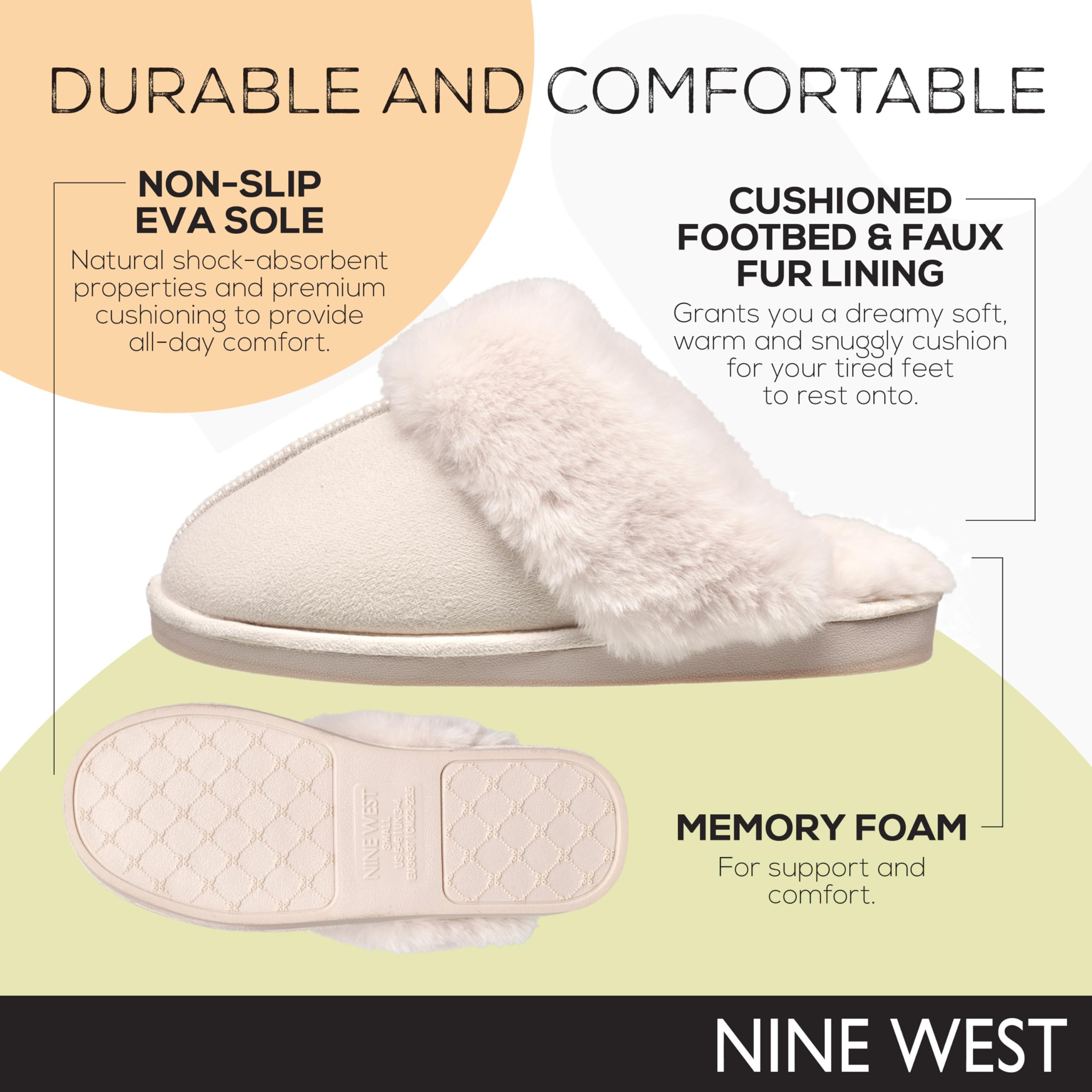 Nine West Scuff Slippers For Women, Extra Soft & Comfortable Winter House Shoes, Ivory, Small 5-6
