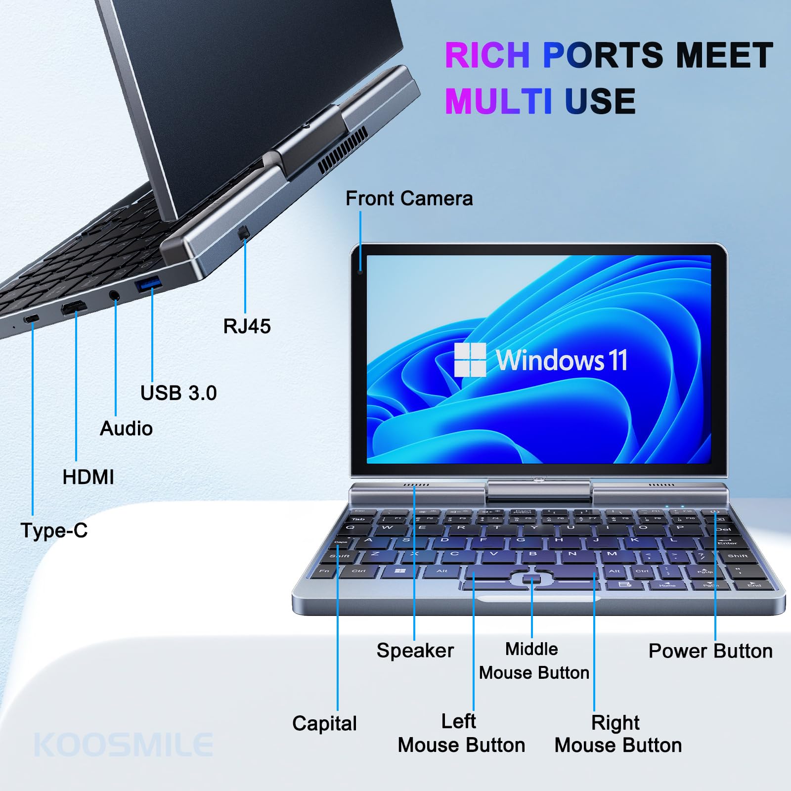 KOOSMILE Mini Laptop,8 inch HD Touch Screen Mini Computer Windows 11 Pro,Intel N100 4 Cores 2-in-1 Pocket PC 12GB LPDDR5 RAM 512GB M.2 SSD, Gigabit | Wi-Fi 6 | BT5.2 | 2MP Camera | G-Sensor | HDMI