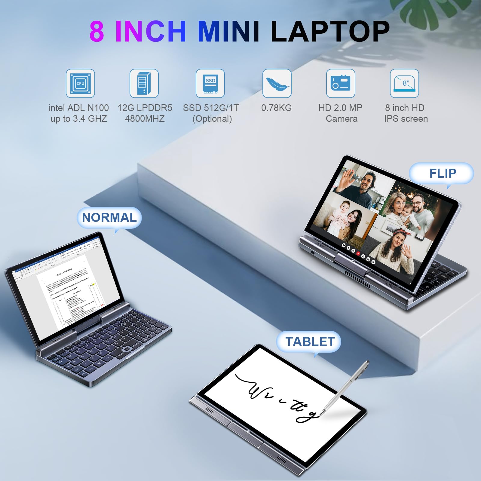 KOOSMILE Mini Laptop,8 inch HD Touch Screen Mini Computer Windows 11 Pro,Intel N100 4 Cores 2-in-1 Pocket PC 12GB LPDDR5 RAM 512GB M.2 SSD, Gigabit | Wi-Fi 6 | BT5.2 | 2MP Camera | G-Sensor | HDMI