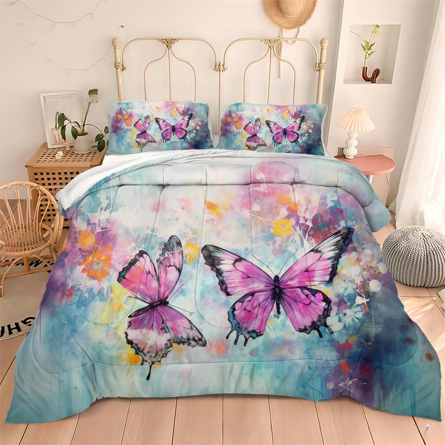 Dreamy Black Purple Butterfly Pattern Comforter Set for Girls Women Twin Size Watercolor Art Insect Butterflies Print Sage Blue Bedding Duvet Set Soft Kids Adult Bedroom Quilt Set with 1Pillowcase